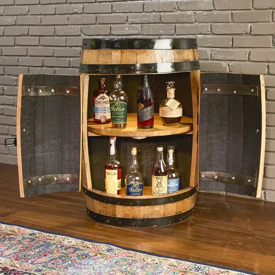 Whiskey Barrel Cabinet with Doors | Customizable Liquor Storage