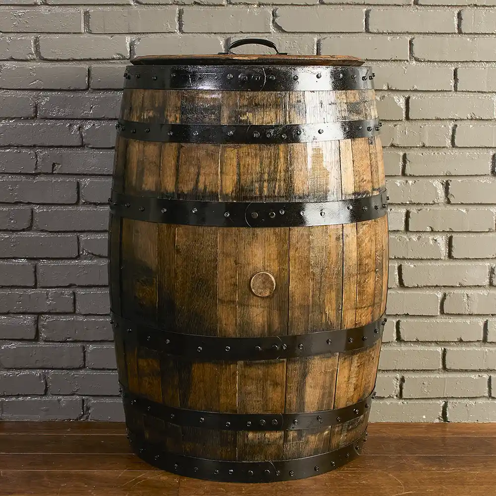Space-Saving Half Barrel Trash Can | Whiskey Barrel Cover
