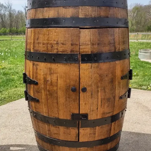 Whiskey Barrel Cabinet with Doors | Customizable Liquor Storage