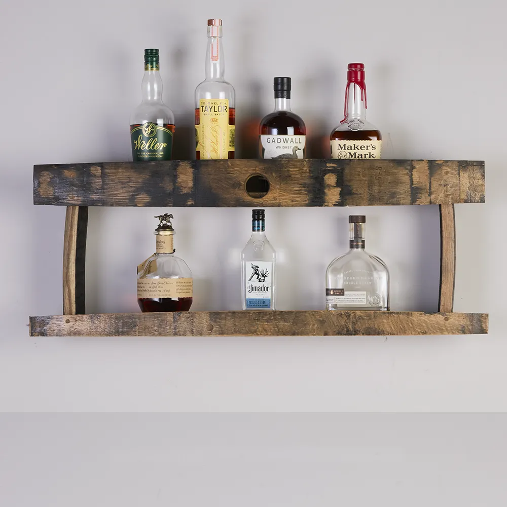 2-Tiered Barrel Stave Shelf | Rustic Wall Mounted Bar Shelf